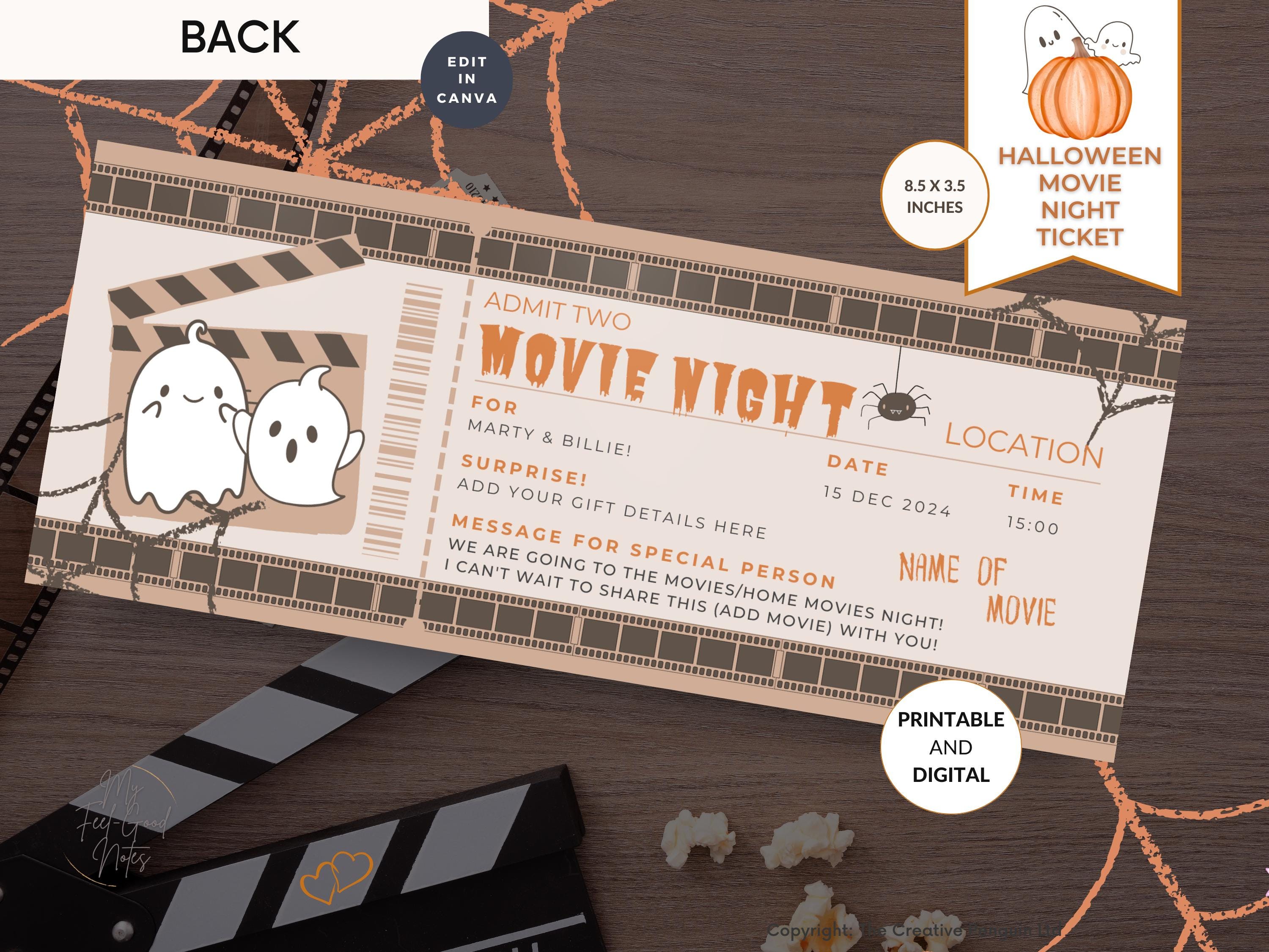 Halloween Movie Night Ticket, Printable Invitation, Neutral, Editable ...