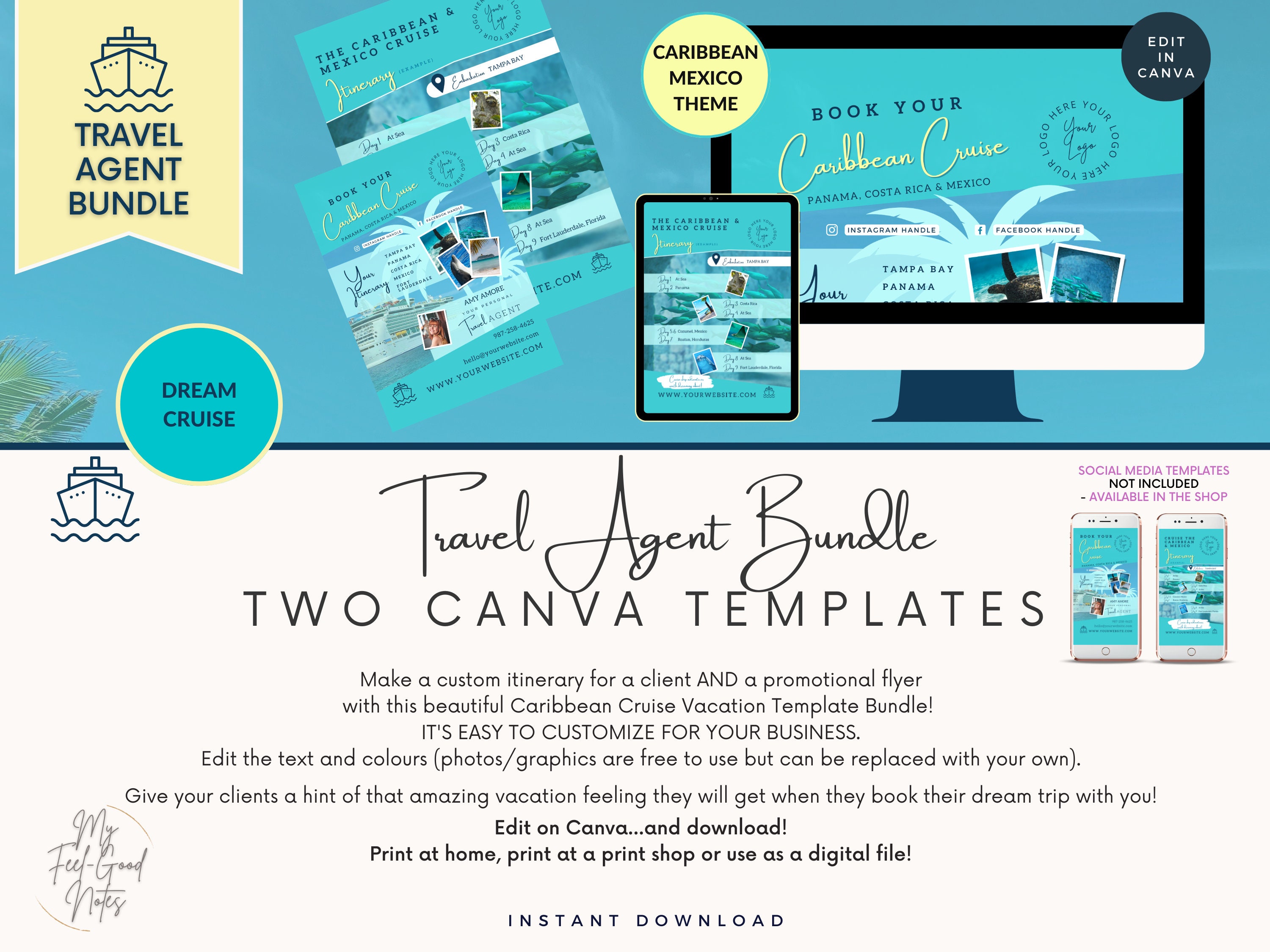 Travel Agent Itinerary Template Canva, Caribbean Cruise, Editable ...
