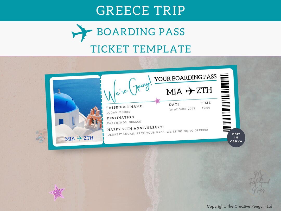 Greece Boarding Pass Template, Surprise Trip Ticket, Instant Download ...