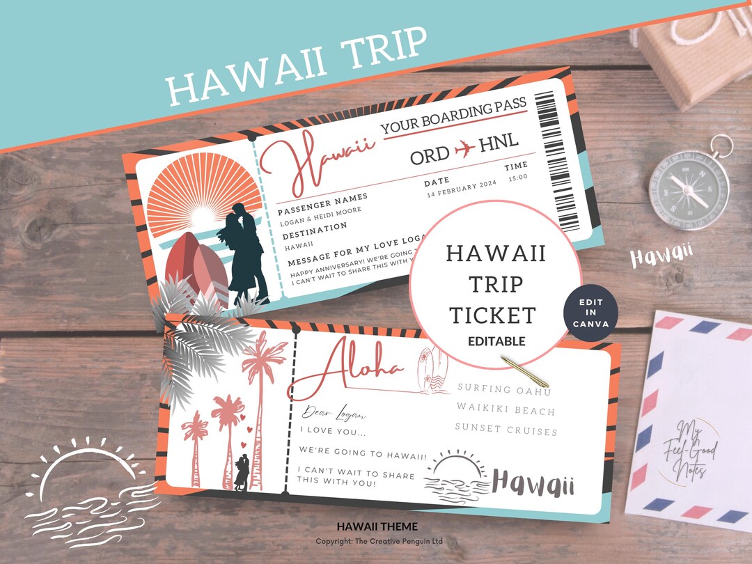 Hawaii Vacation Ticket, Printable Flight Boarding Pass Template ...