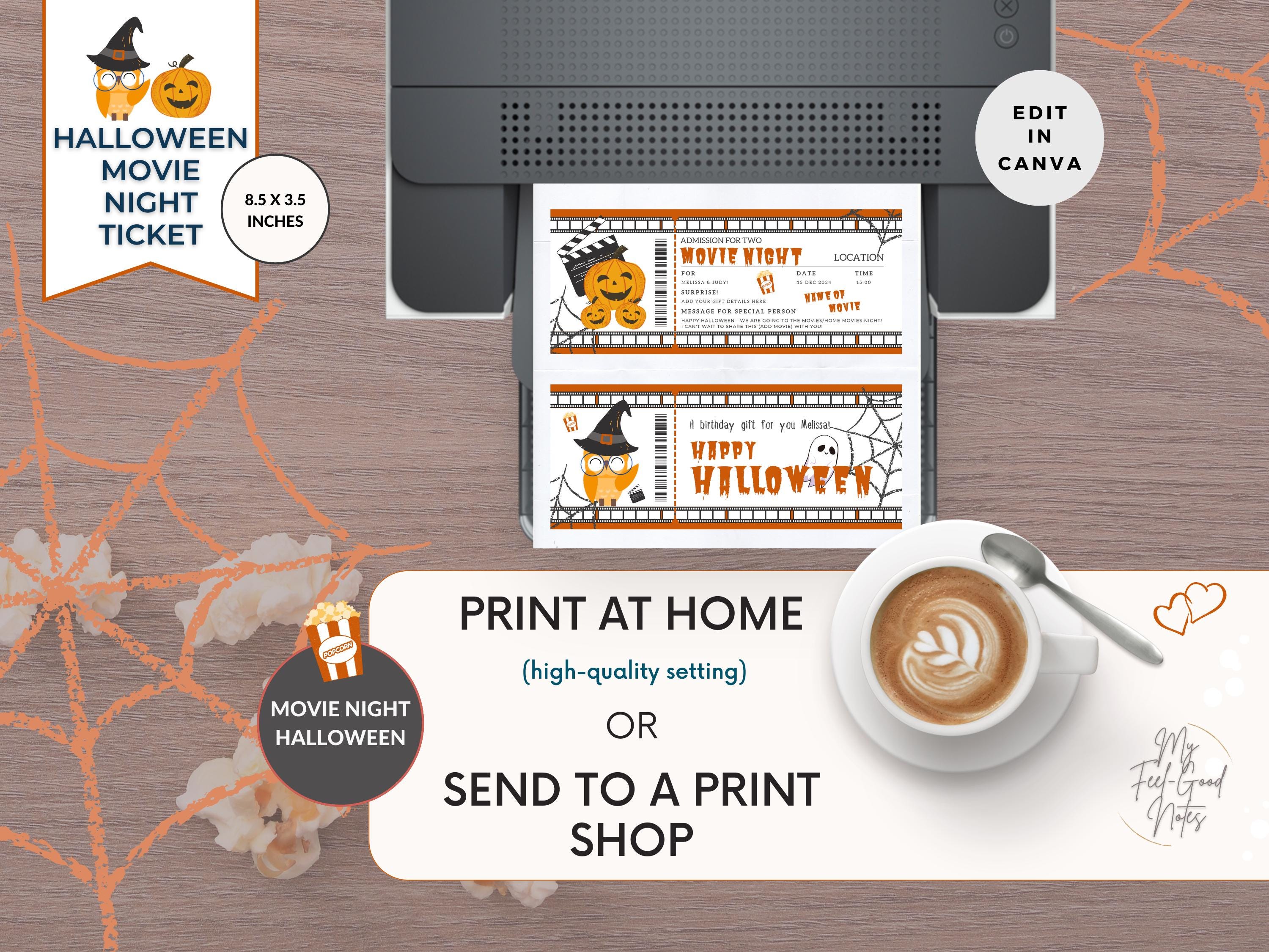 Halloween Movie Night Ticket, Printable Invitation, Editable Template ...