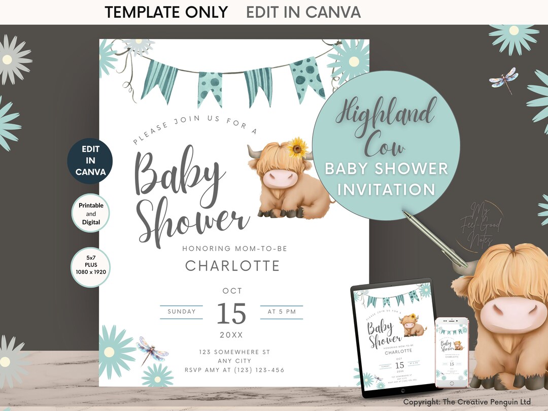 Highland Cow Baby Shower Invites, Gender Neutral Highlander Cow, Cute ...