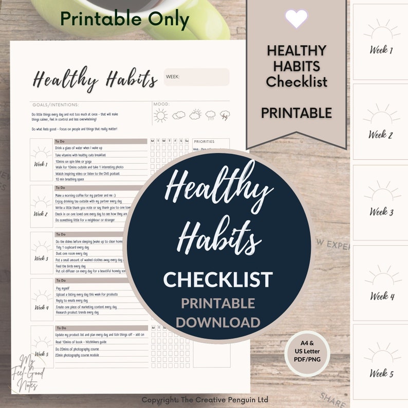 Daily Habit Tracker Printable Healthy Habits Checklist Neutral Routine ...
