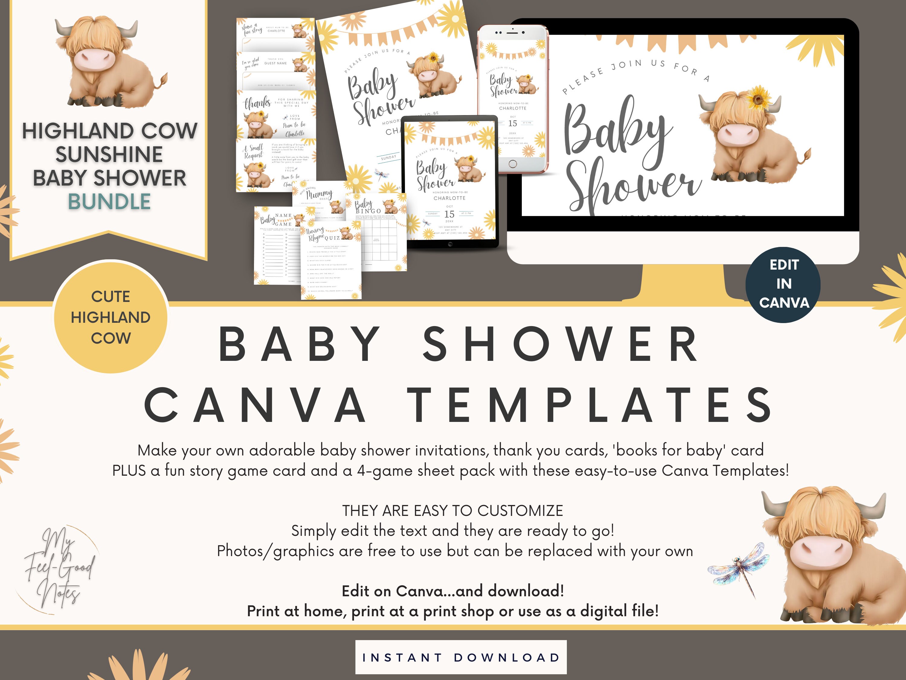 Sunshine Baby Shower Invite Bundle, Highland Cow Yellow Games, Holy Cow ...