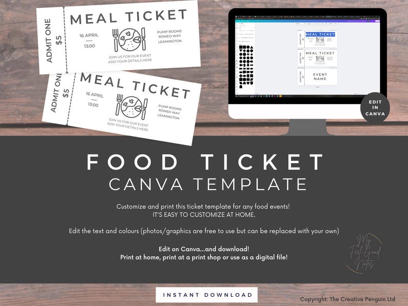 Meal Ticket Template, Editable Event Voucher, Printable Food Coupon ...