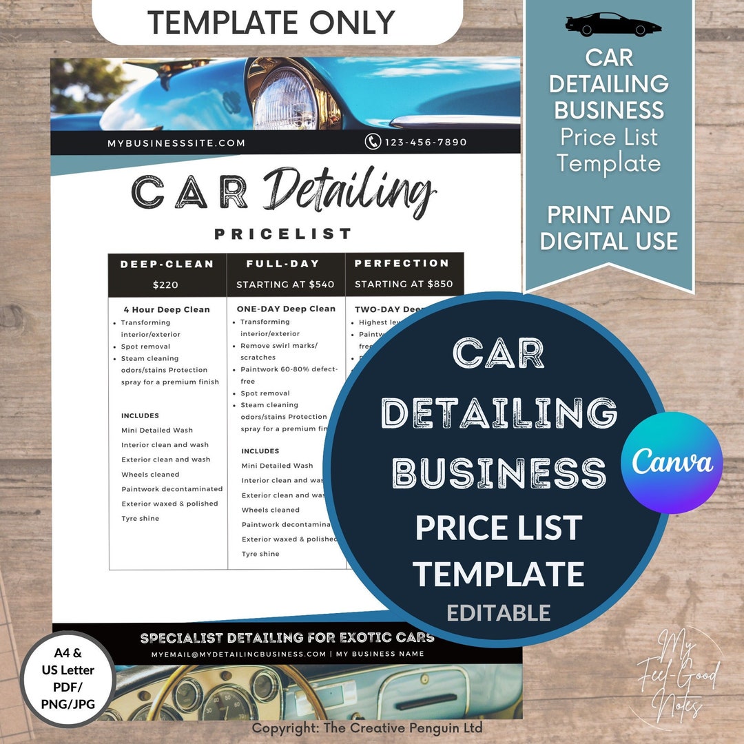 Car Detailing Price List Template Business Editable Pricing - Etsy