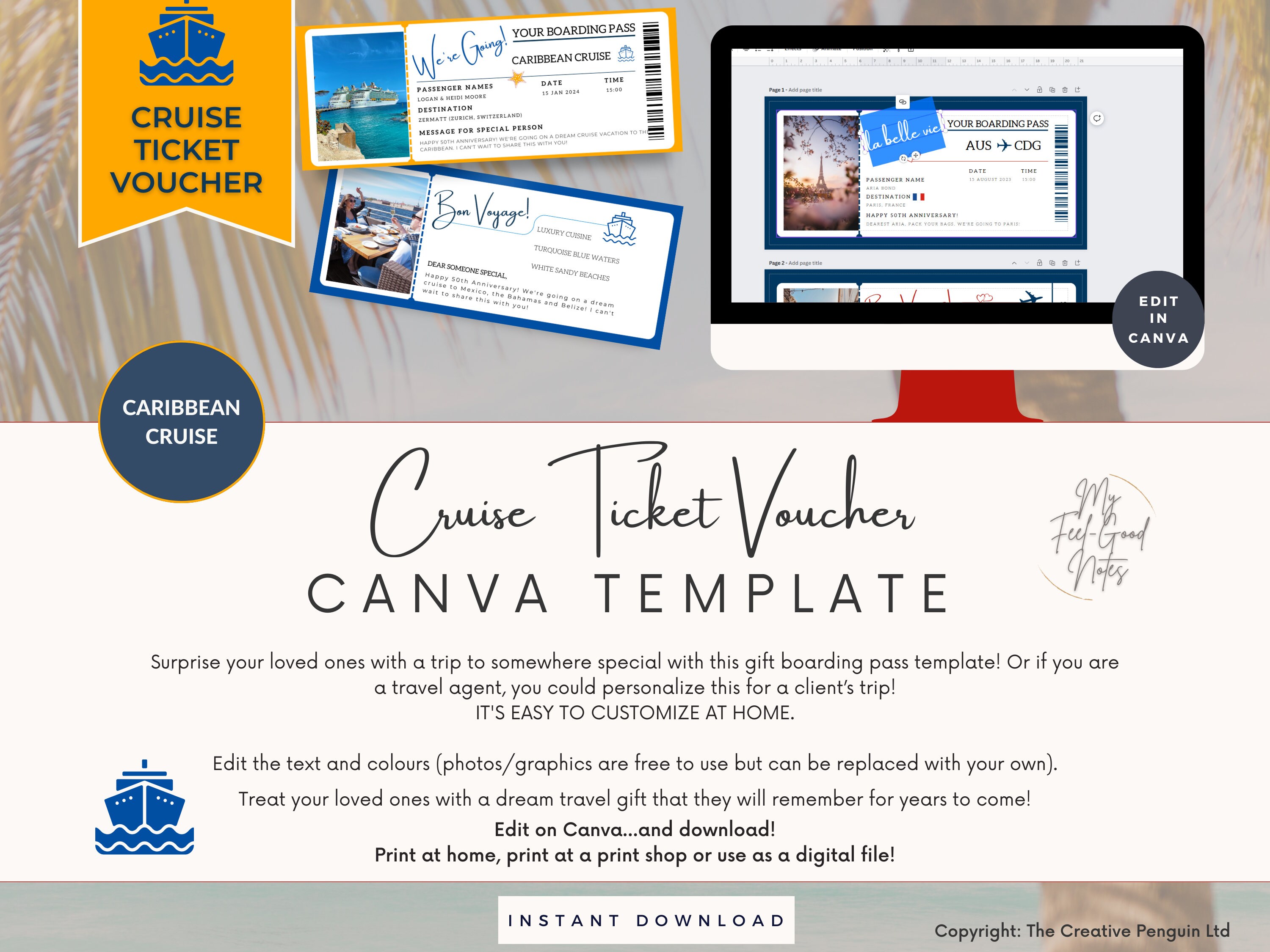 Ticket Voucher Template Cruise, Printable Gift, Ship Boarding Pass PDF ...