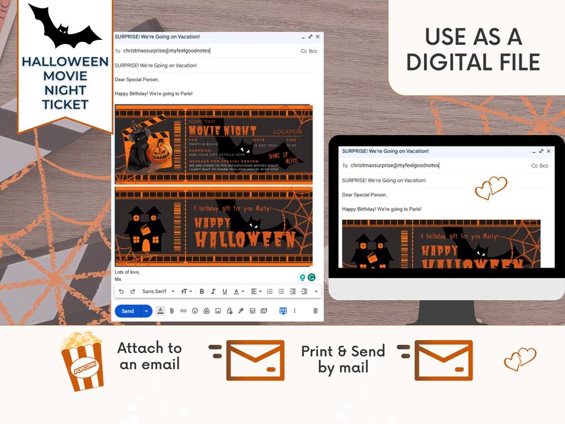 Printable Halloween Movie Night Ticket, Cat Pumpkin Invitation ...