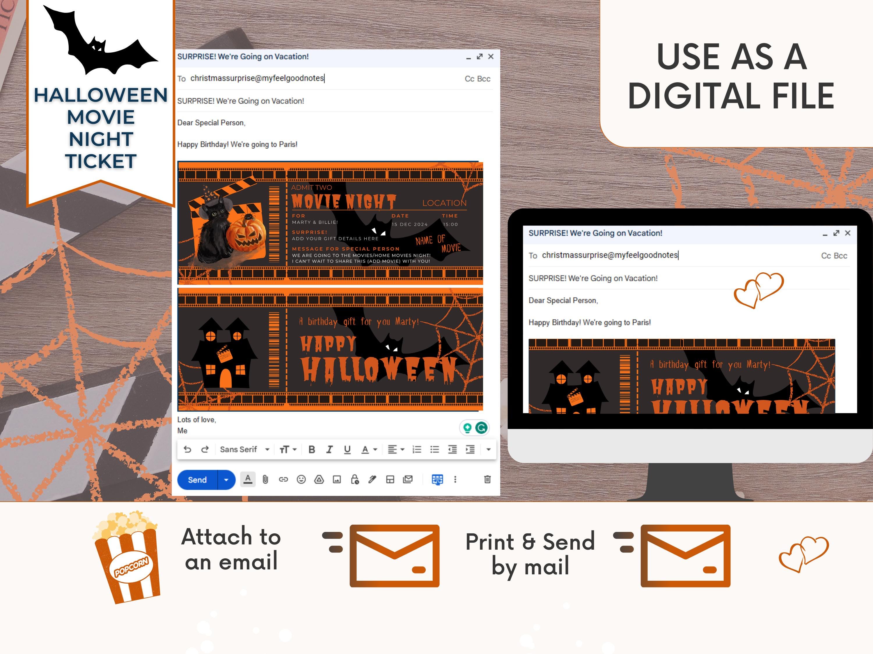 Printable Halloween Movie Night Ticket, Cat Pumpkin Invitation ...