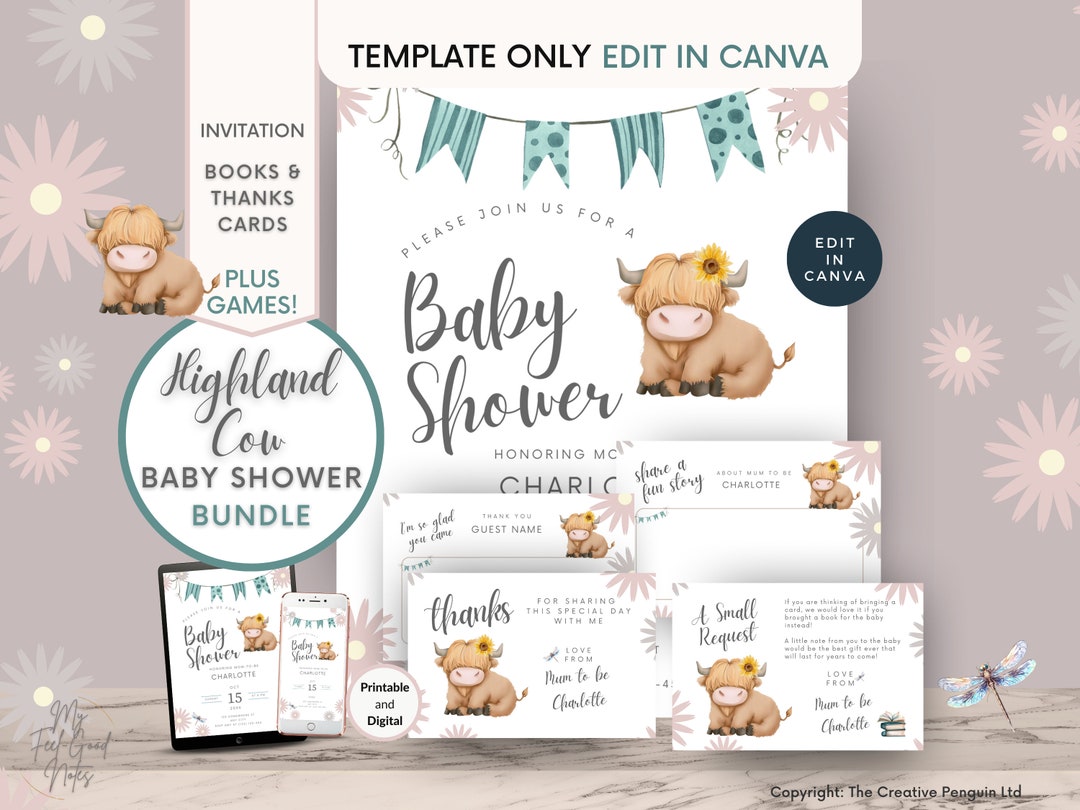 Highland Cow Baby Shower Bundle, Gender Neutral Highlander Cow, Cute ...