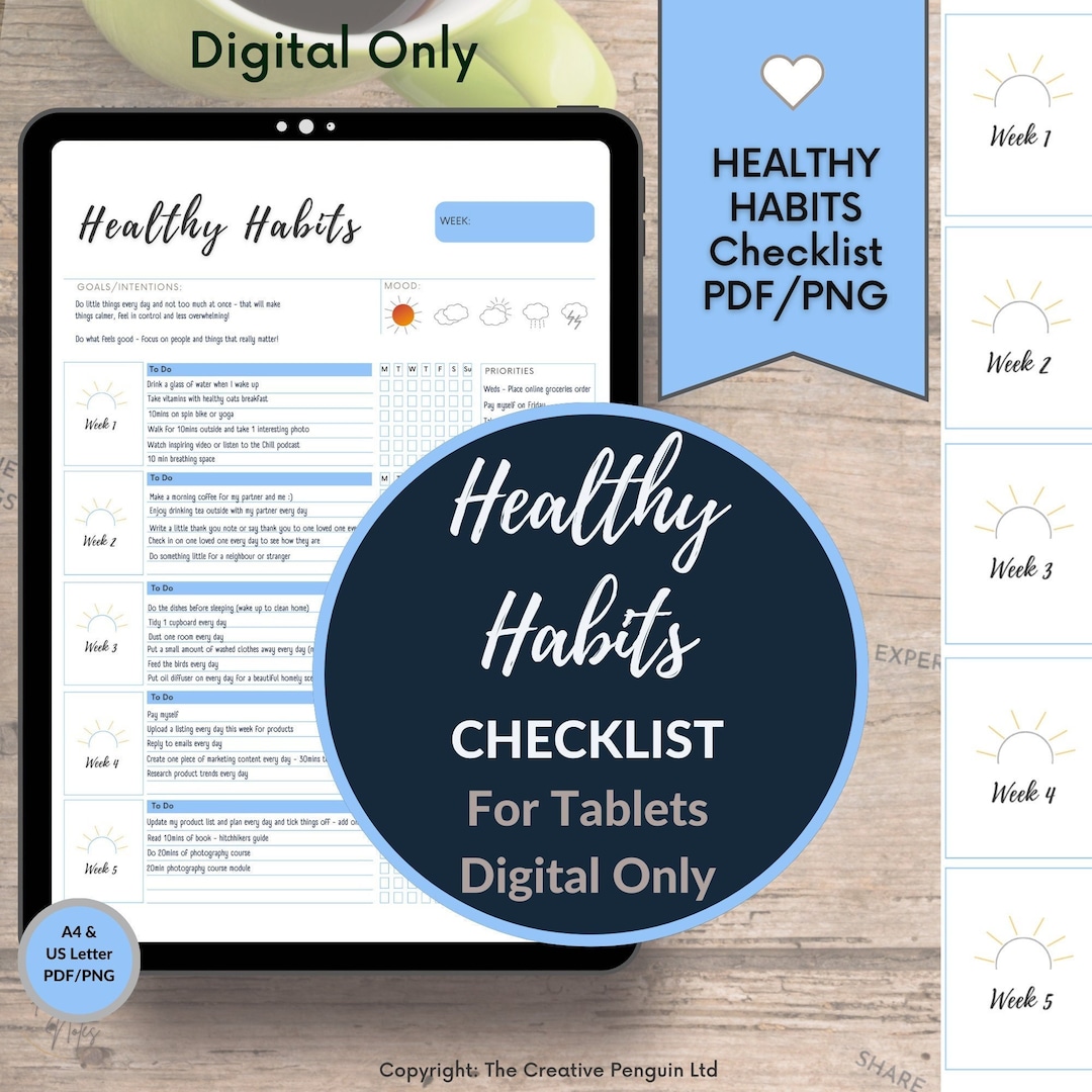 Healthy Habits Checklist Goodnotes Blue Aesthetic Minimalist | Daily ...