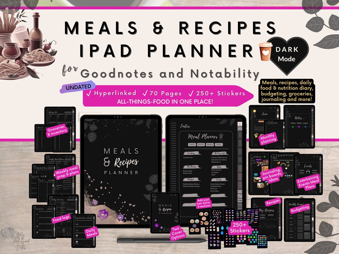 Dark Mode Digital Meal Planner | Recipe Book + Stickers | iPad ...