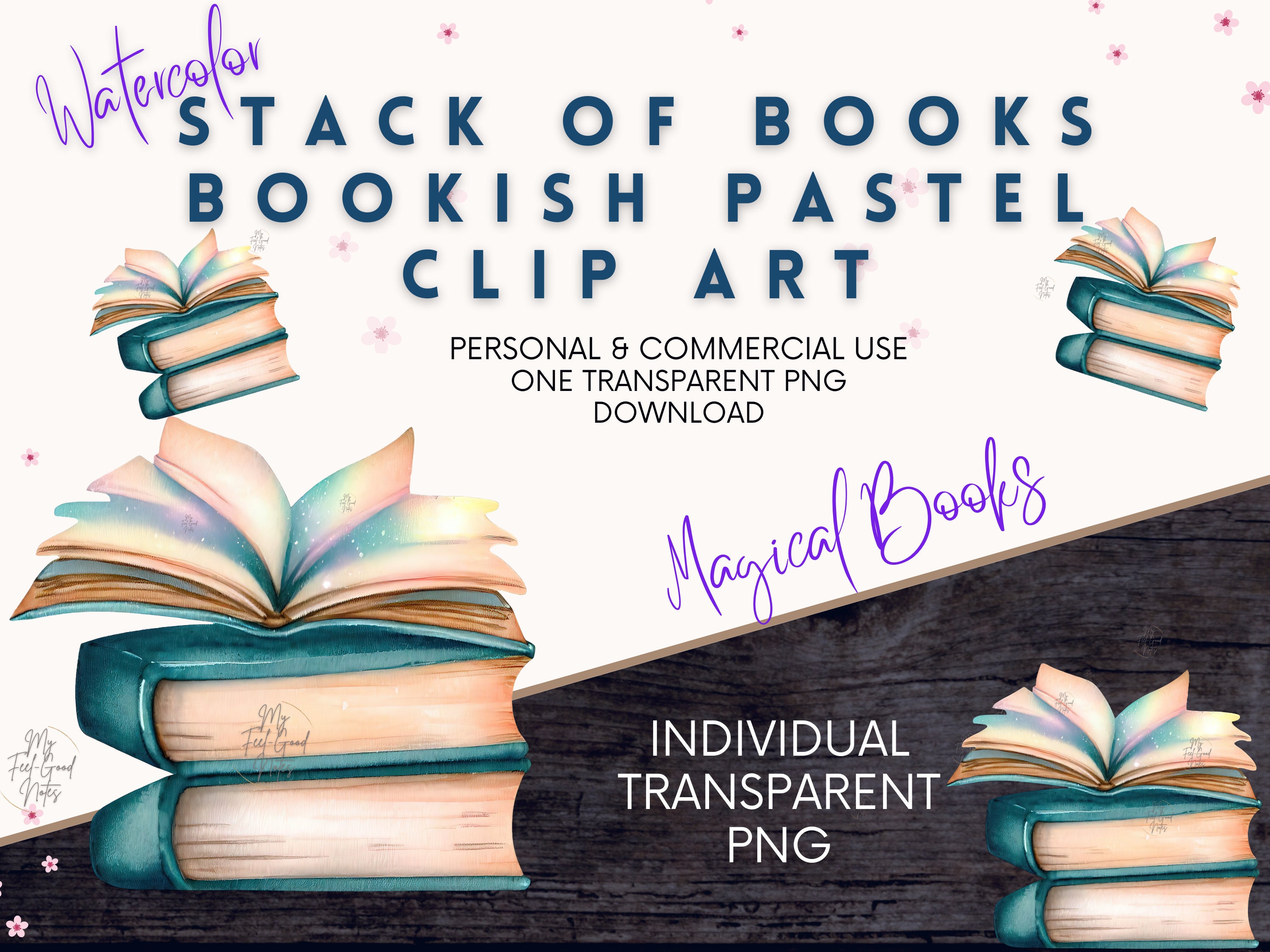 Bookish Clipart, Books Lover, Bookworm Reading Watercolor, Magical Open ...