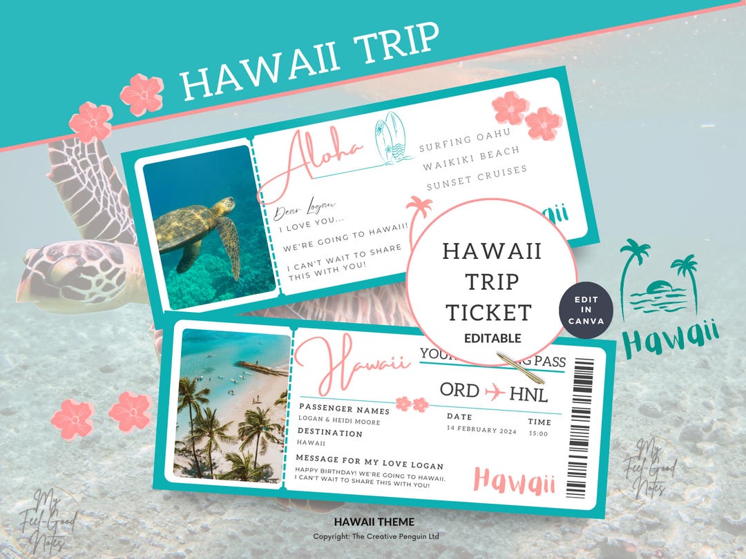Hawaii Ticket Printable, Flight Boarding Pass Template, Surprise Plane ...