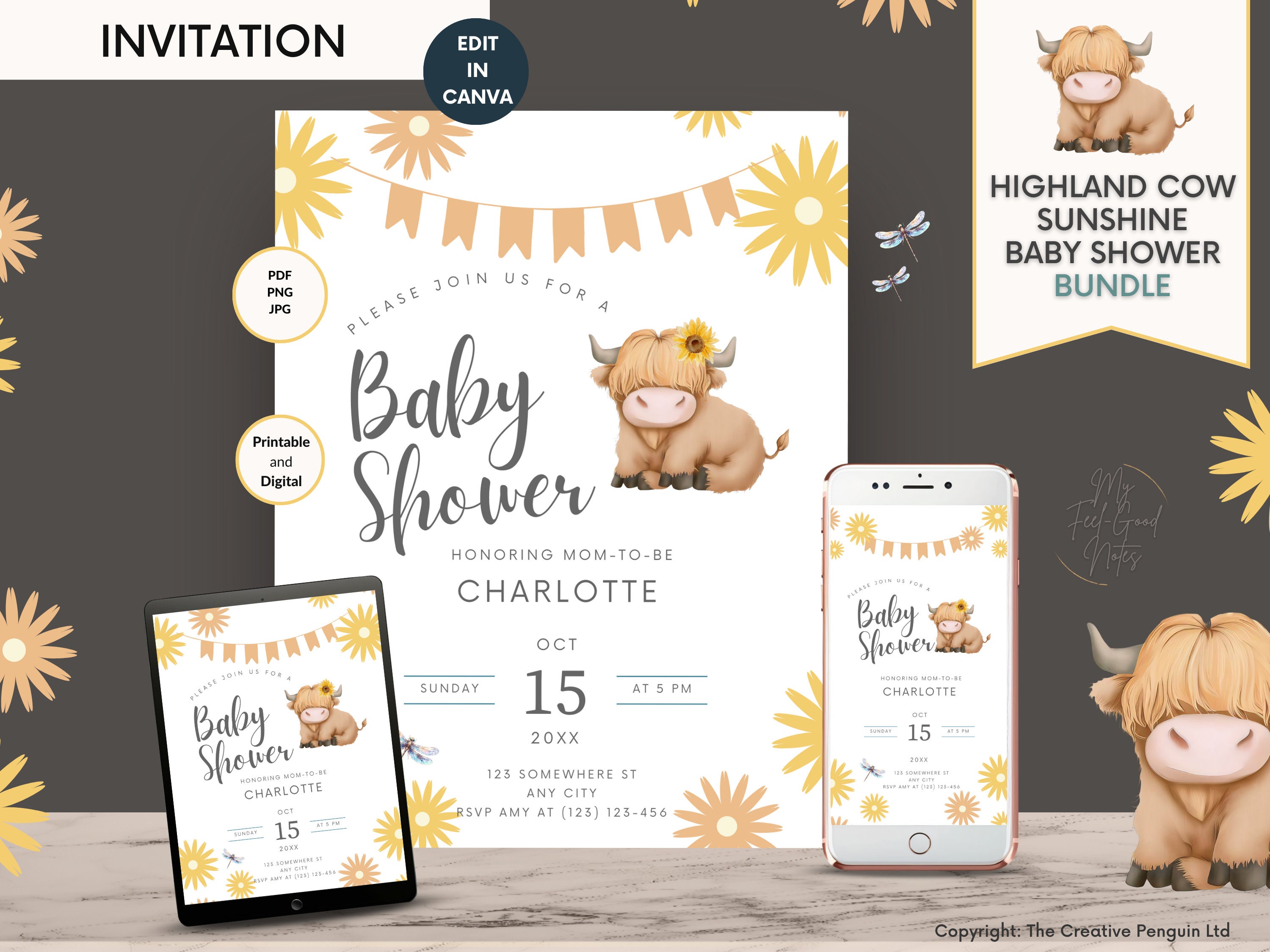 Sunshine Baby Shower Invite Bundle, Highland Cow Yellow Games, Holy Cow ...