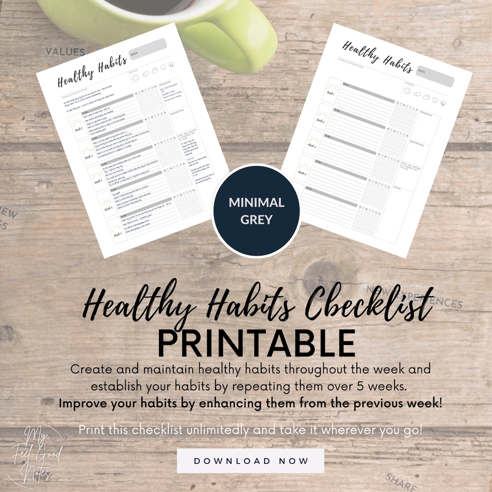 Daily Habit Tracker Printable Healthy Habits Checklist Minimal Grey ...