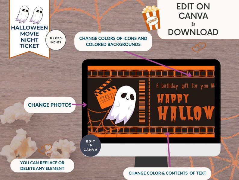Halloween Movie Night Ticket, Printable Invitation, Editable Template ...