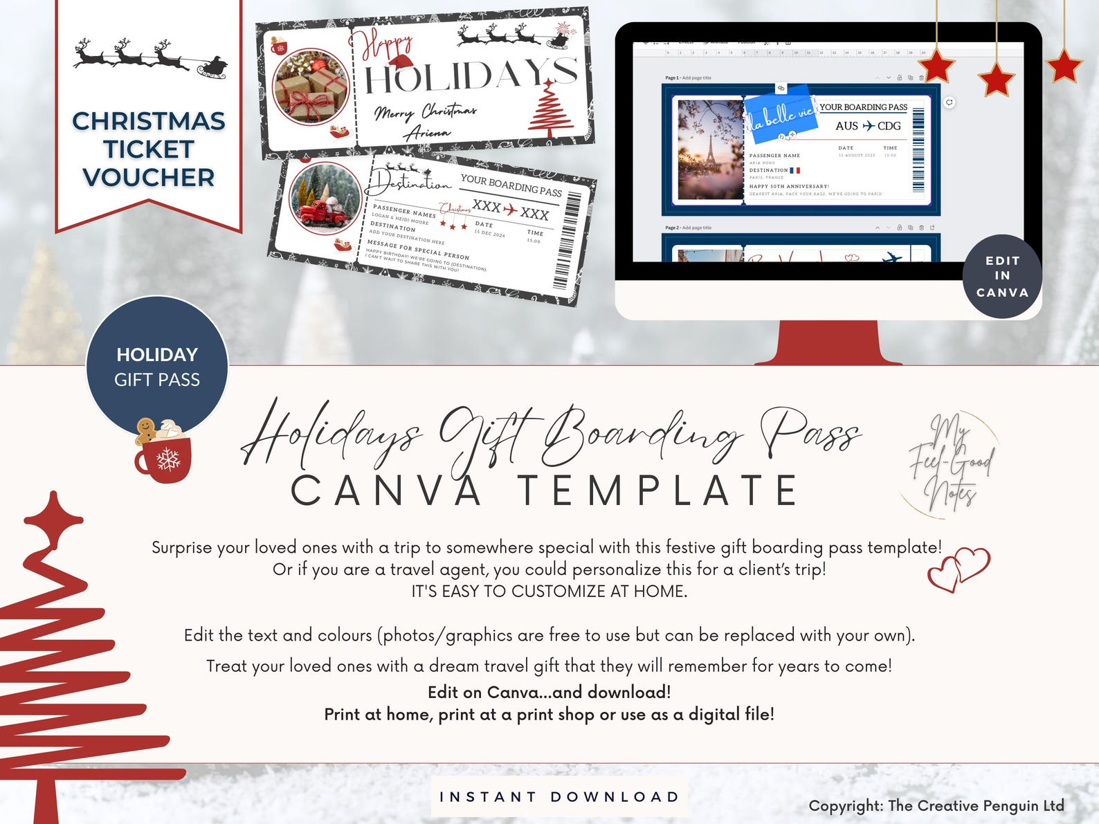 Boarding Pass Instant Download, Christmas Editable Template, Canva Trip ...