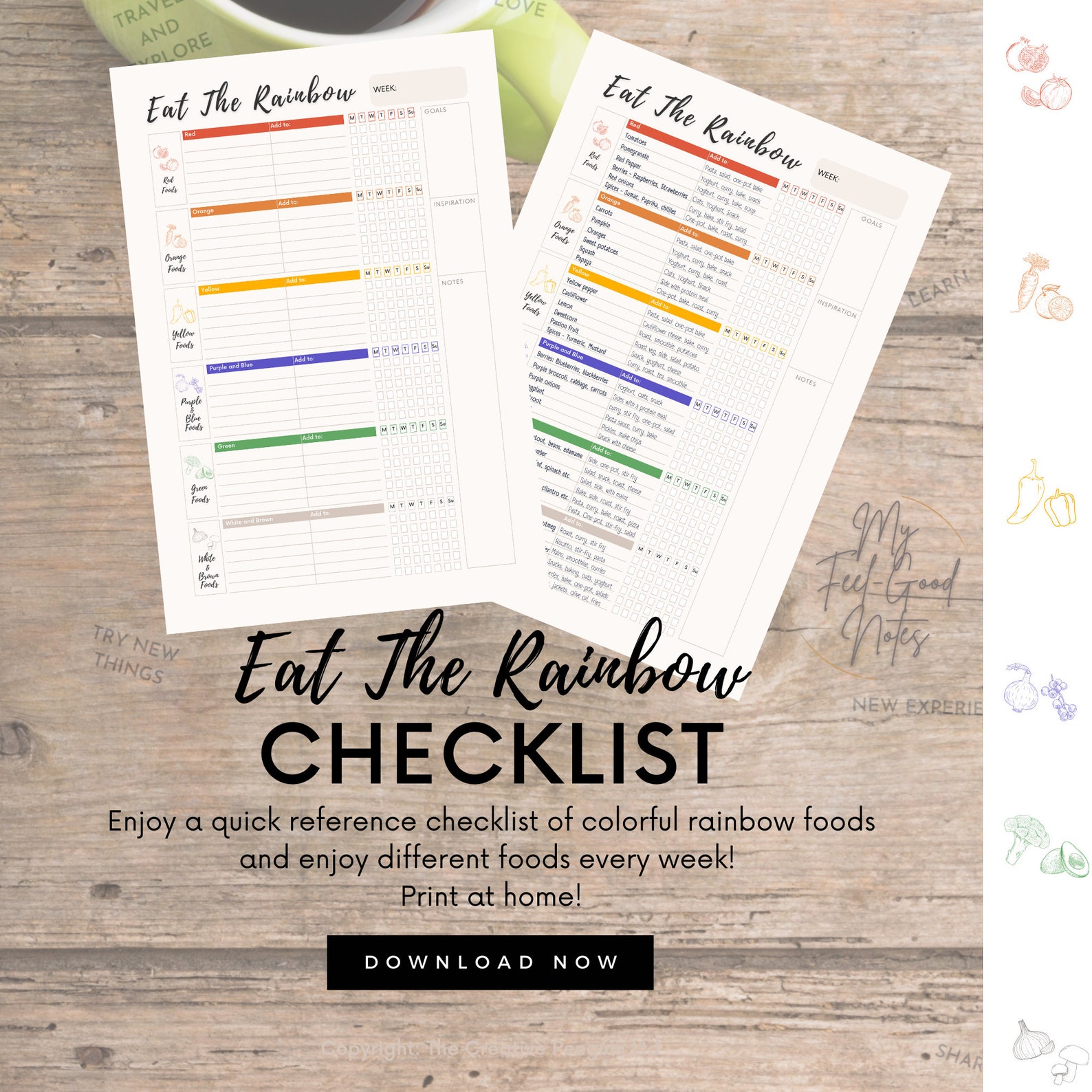 Eat the Rainbow Checklist Printable | | Healthy Food Tracker | Meal ...
