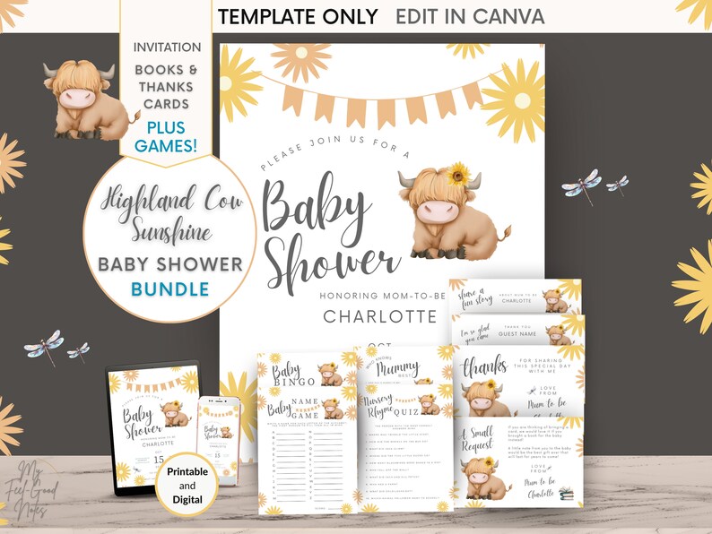 Sunshine Baby Shower Invite Bundle, Highland Cow Yellow Games, Holy Cow ...