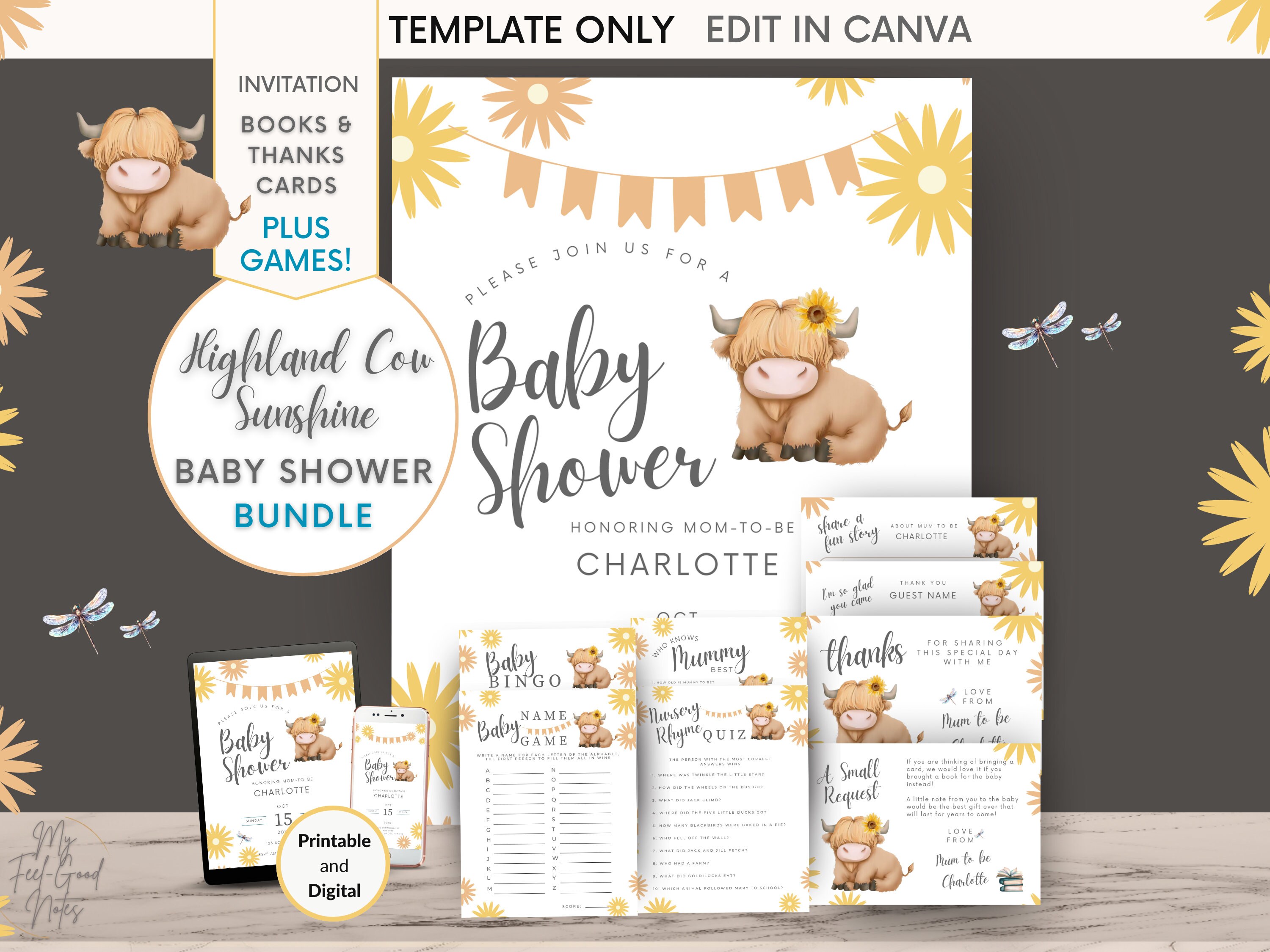Sunshine Baby Shower Invite Bundle, Highland Cow Yellow Games, Holy Cow ...