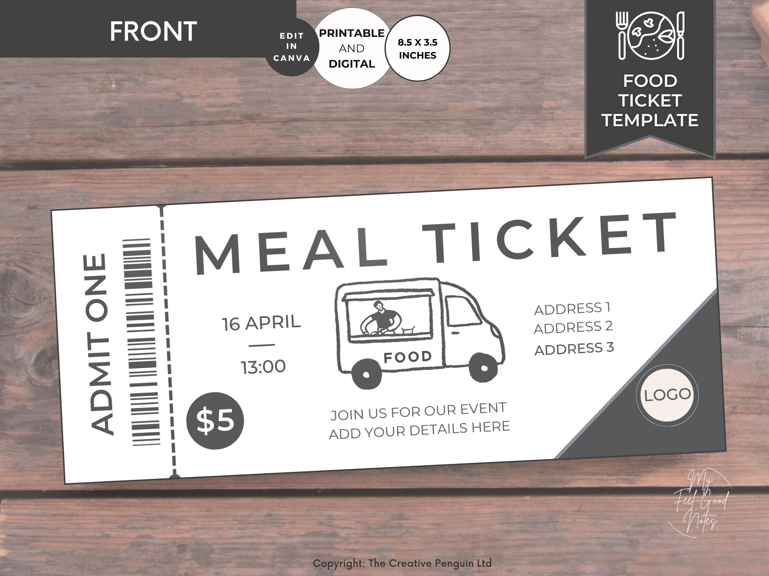 Food Truck Meal Ticket Template, Wedding Editable Event Voucher, Pizza ...