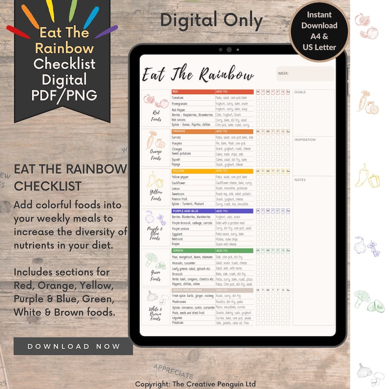 Eat the Rainbow Checklist Goodnotes | Healthy Food Tracker | Meal ...