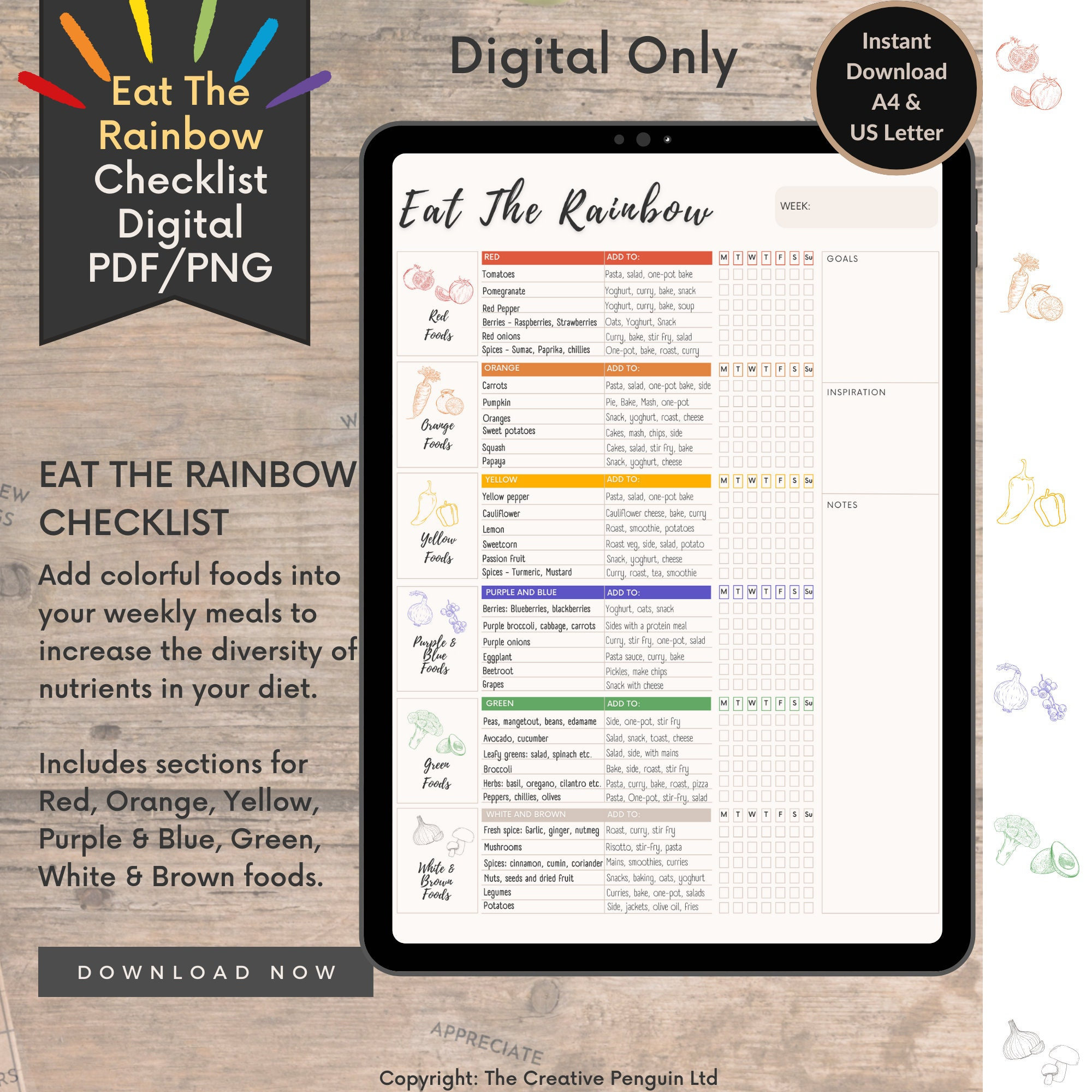 Eat the Rainbow Checklist Goodnotes | Healthy Food Tracker | Meal ...