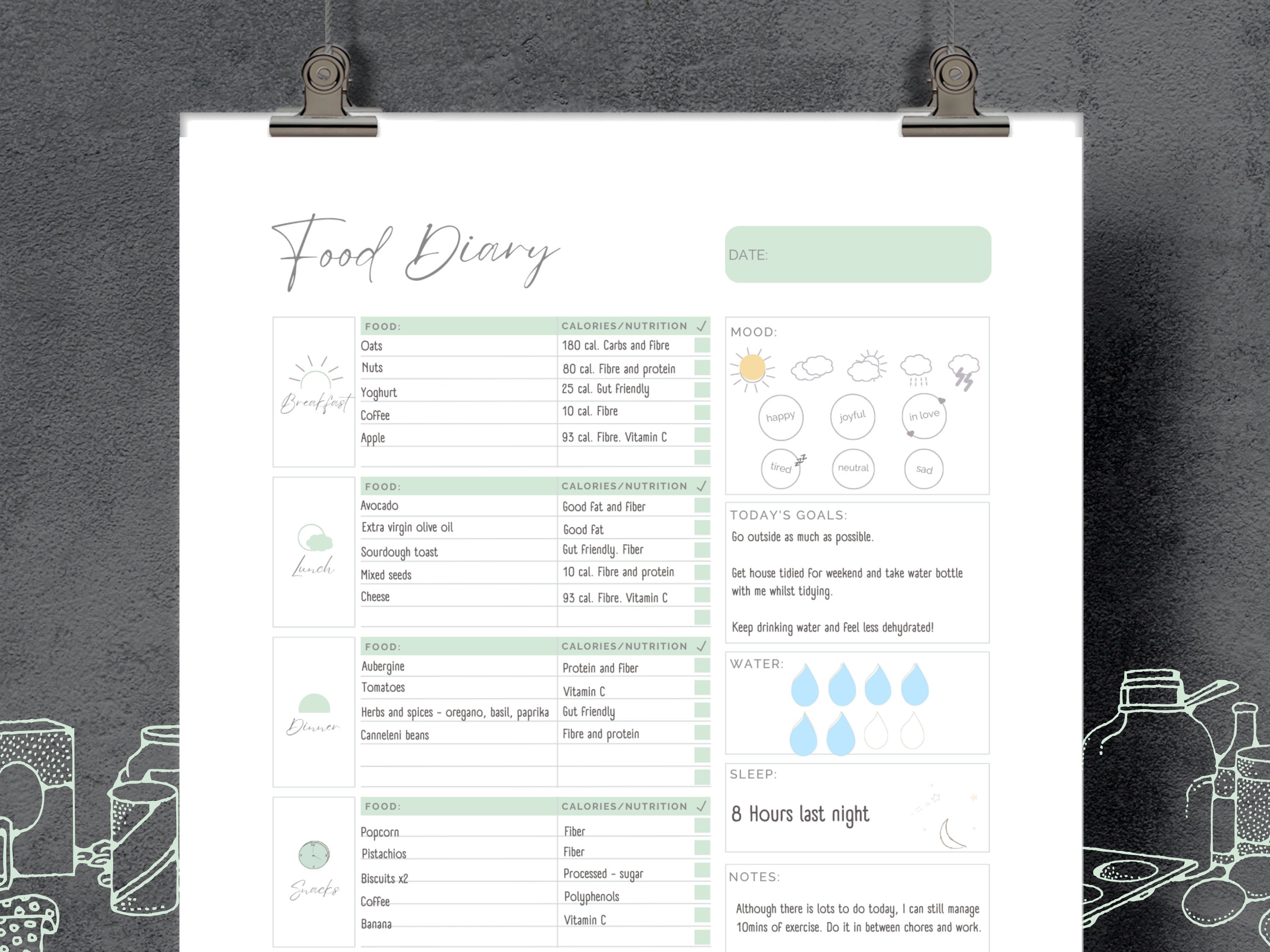 Printable Food Diary Journal Template Daily Meal Planner - Etsy