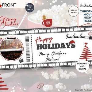 Movie Night Invitation Ticket, Christmas Holidays Gift, Canva Editable ...