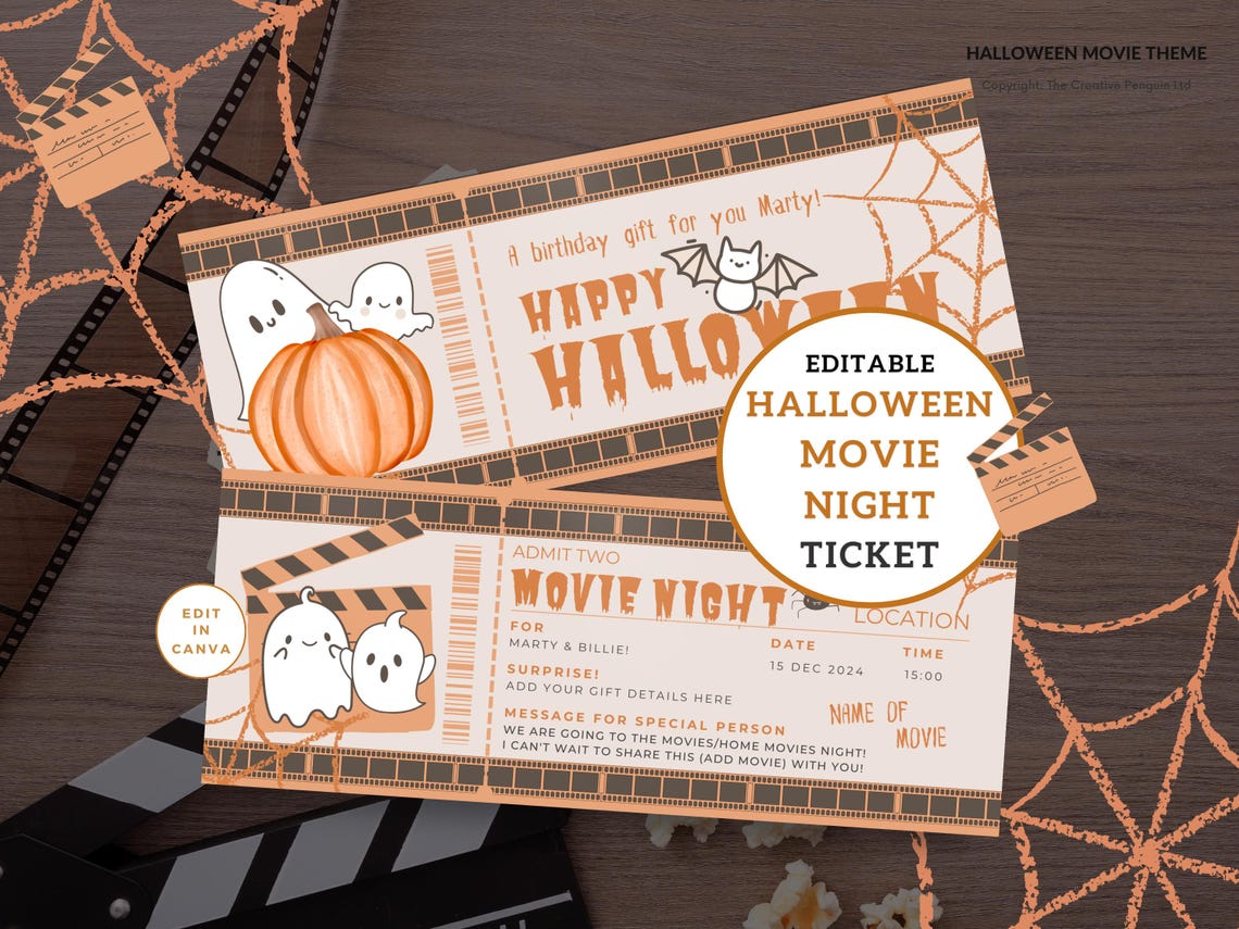 Halloween Movie Night Ticket, Neutral Printable Invitation, Editable ...