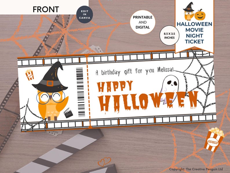 Halloween Movie Night Ticket, Printable Invitation, Editable Template ...