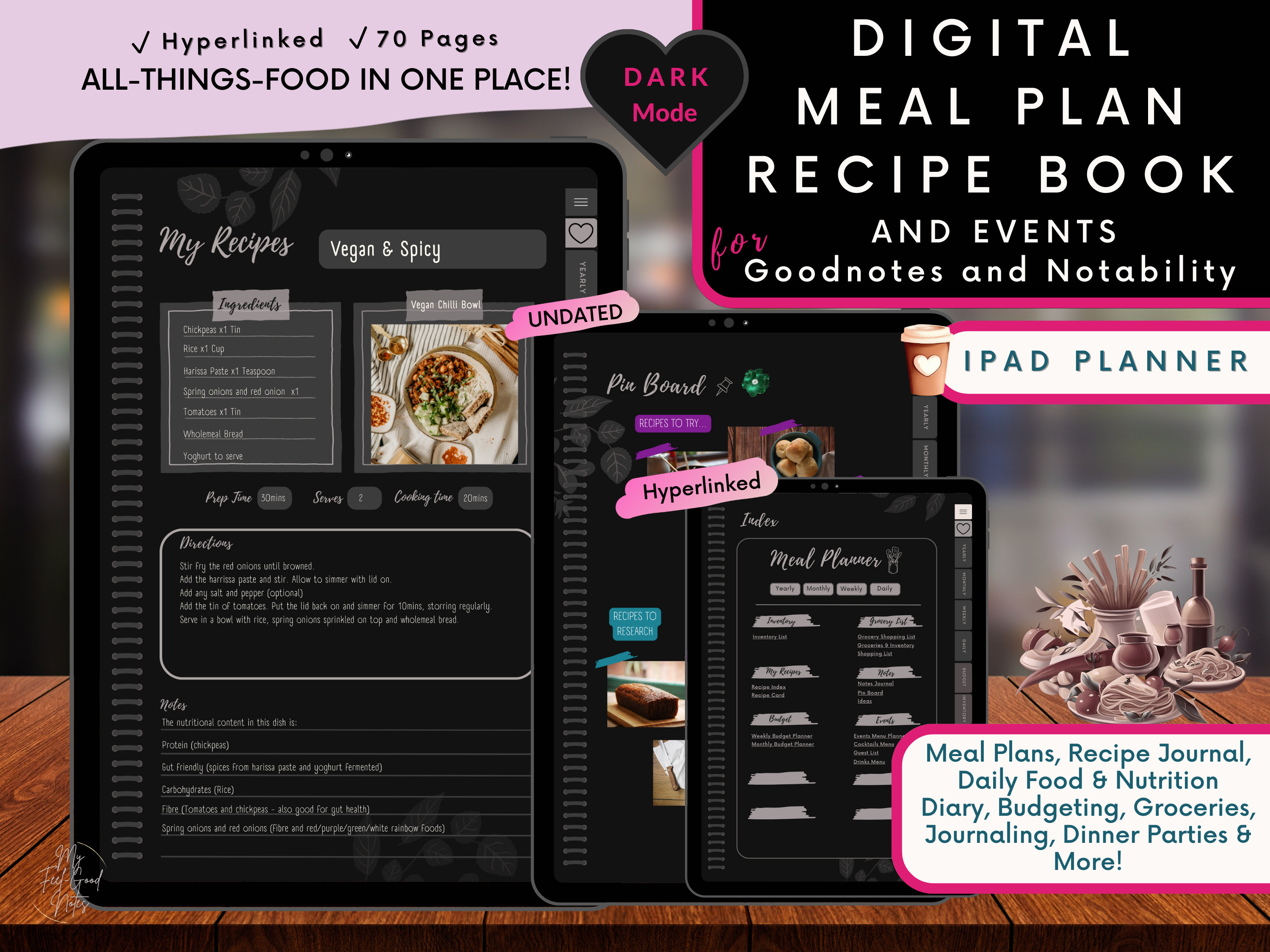 Digital Meal Planner and Recipe Book, Meal Prep, Dark Mode, Goodnotes ...