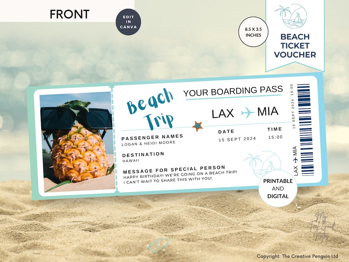 Beach Trip Ticket, Beach Vacation Boarding Pass, Travel PDF Printable ...
