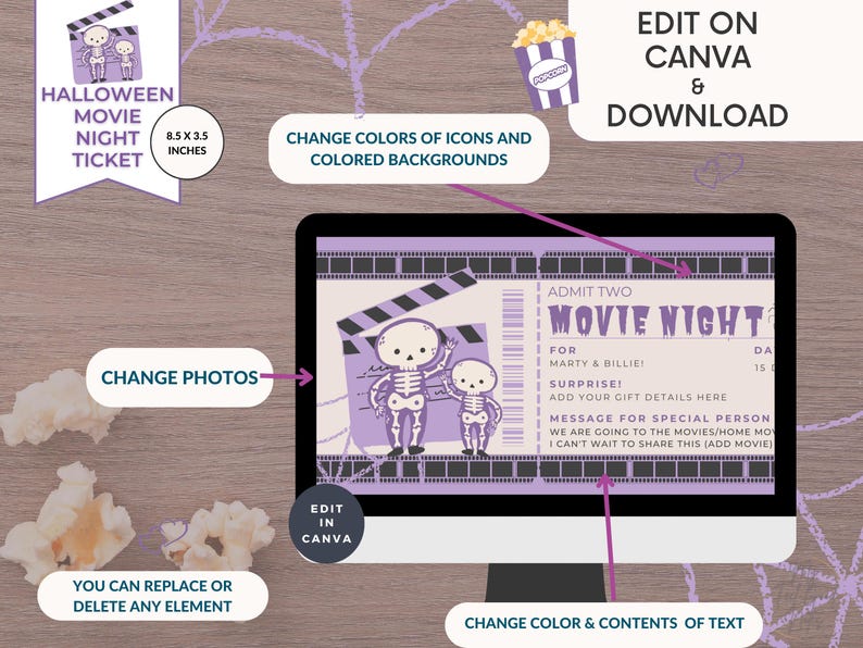 Halloween Movie Ticket, Printable Invitation, Editable Template ...