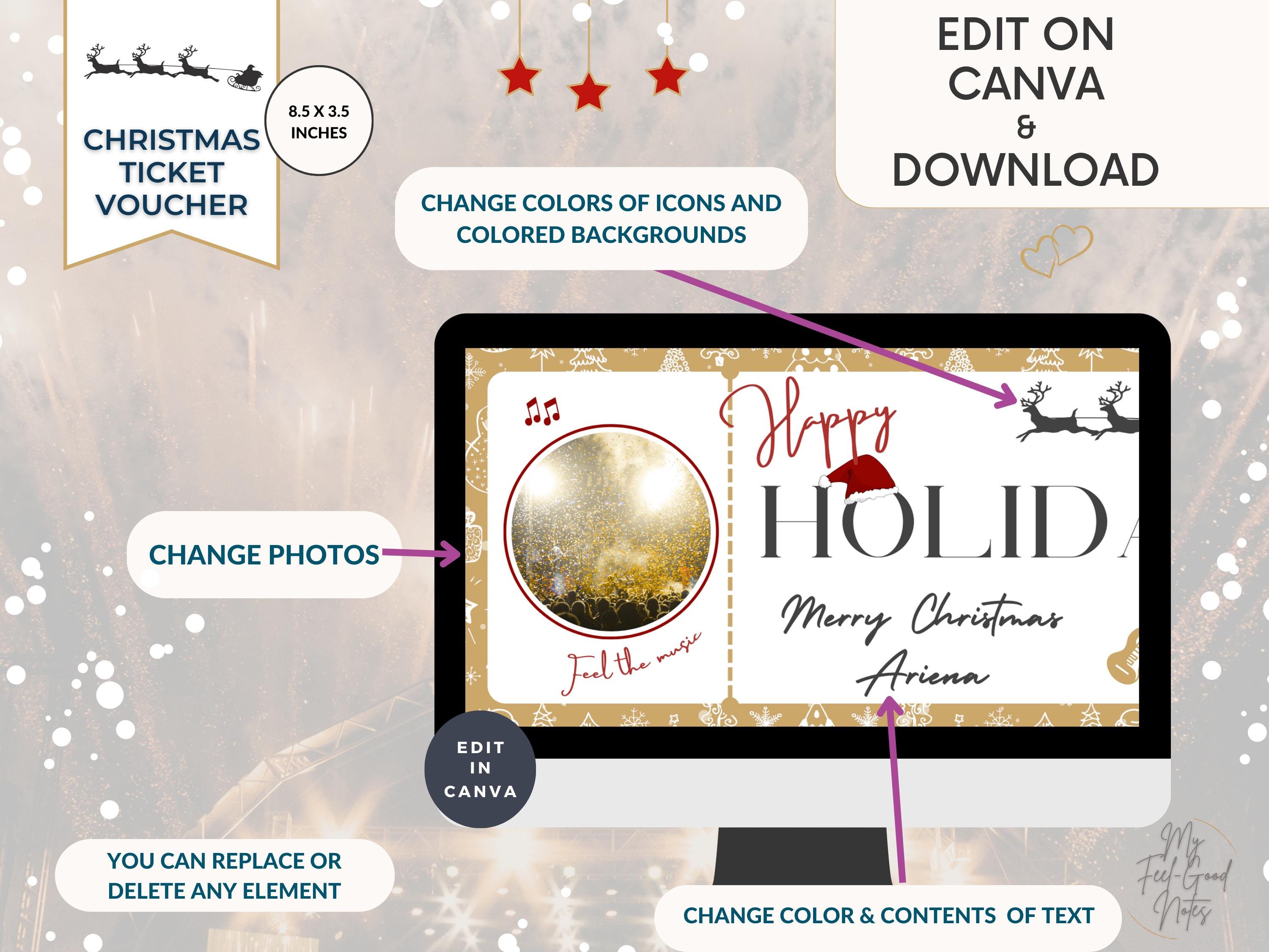 Concert Ticket Gift, Printable Editable, Christmas Canva Template ...