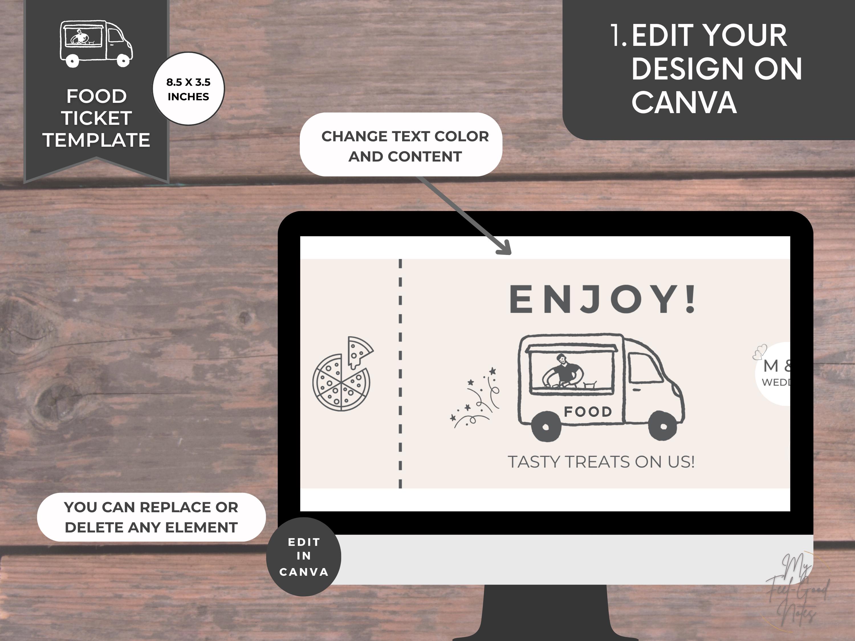 Food Truck Meal Ticket, Wedding Drink Voucher, Editable Meal Template ...