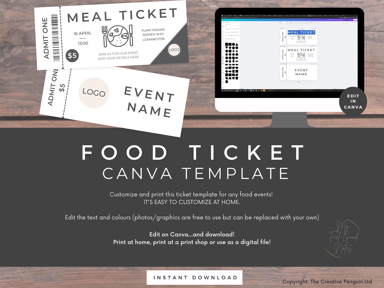 Meal Ticket Template, Food Truck, Editable Event Voucher, Restaurant ...