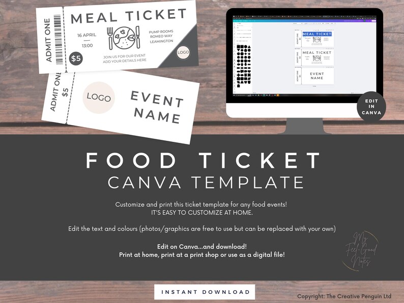 Meal Ticket Template, Food Truck, Editable Event Voucher, Restaurant ...