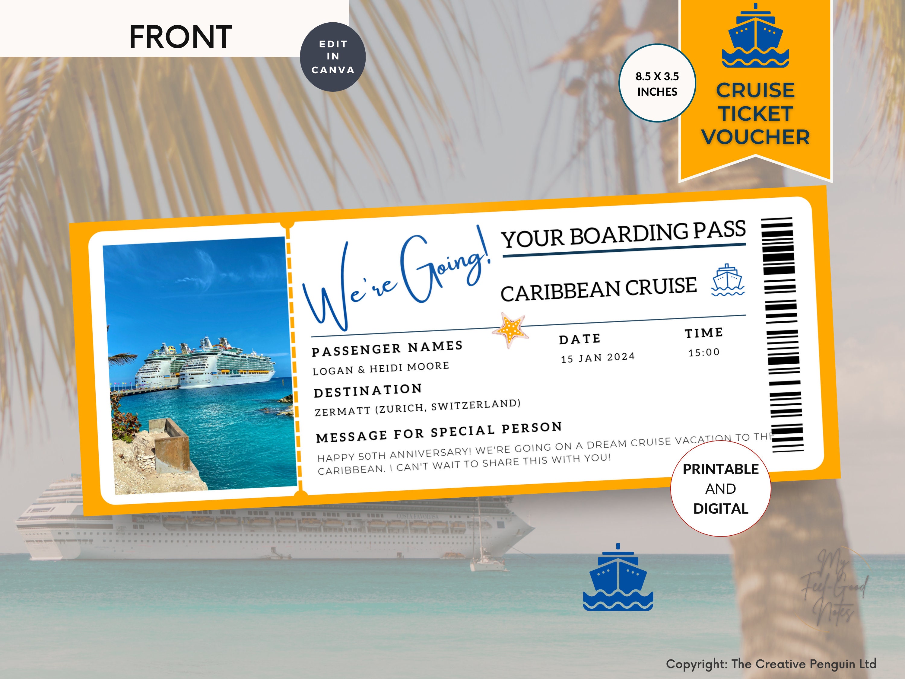 Ticket Voucher Template Cruise, Printable Gift, Ship Boarding Pass PDF ...