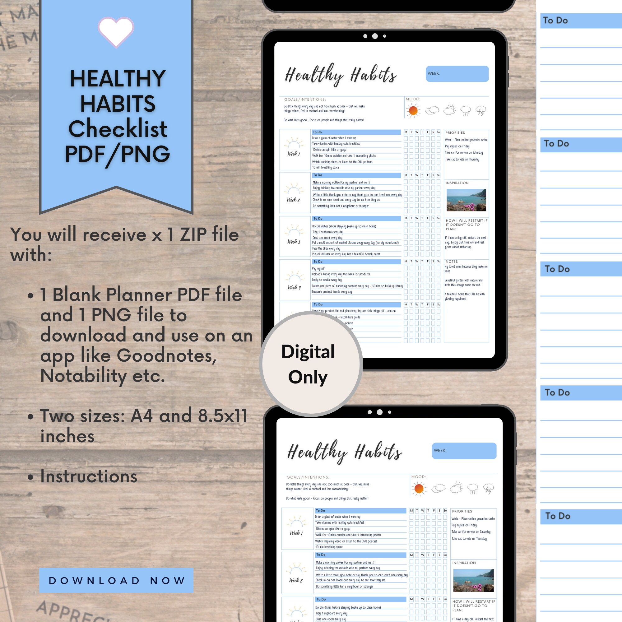 Healthy Habits Checklist Goodnotes Blue Aesthetic Minimalist Daily ...