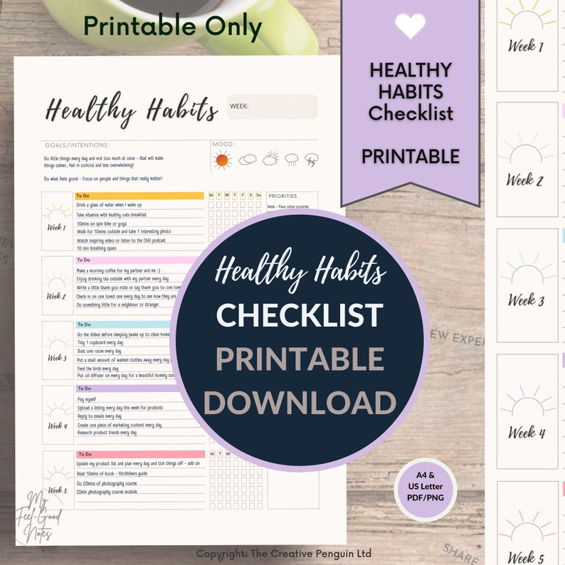 Daily Habit Tracker Printable Healthy Habits Checklist Pastel Rainbow ...