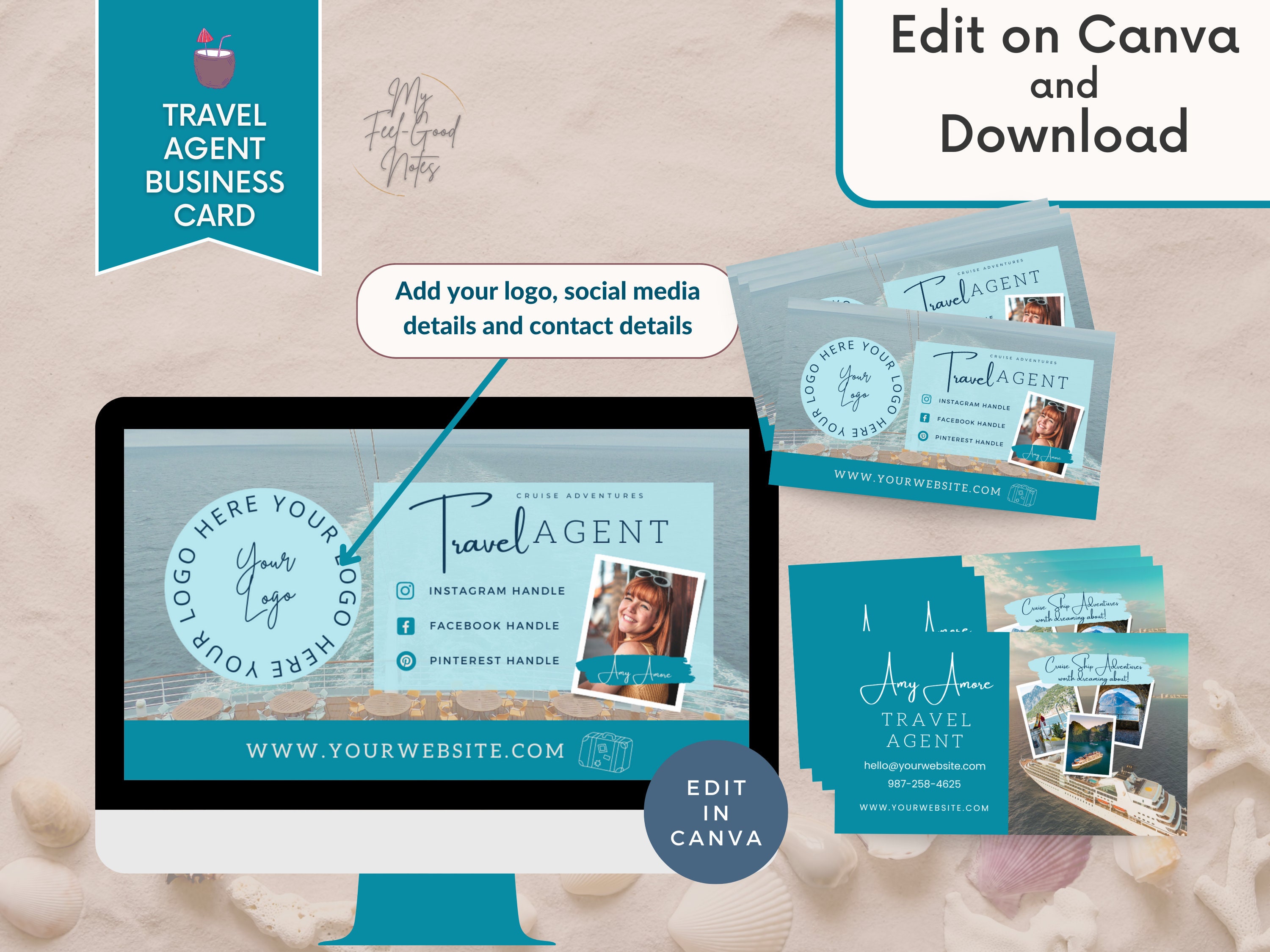 Travel Agency Business Cards Template, Travel Advisor Agent, Editable ...