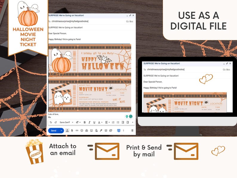 Halloween Movie Night Ticket, Neutral Printable Invitation, Editable ...