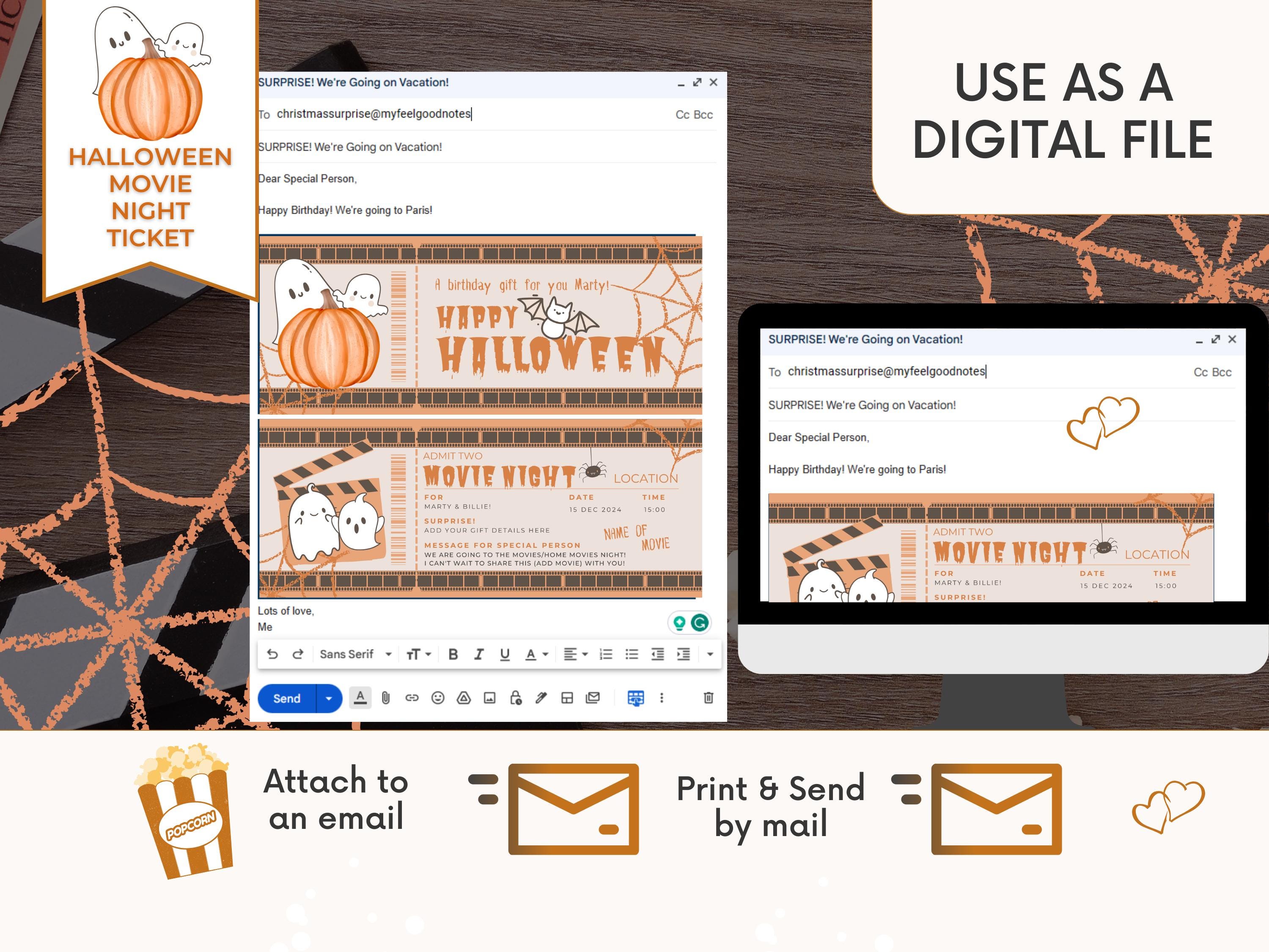 Halloween Movie Night Ticket, Neutral Printable Invitation, Editable ...