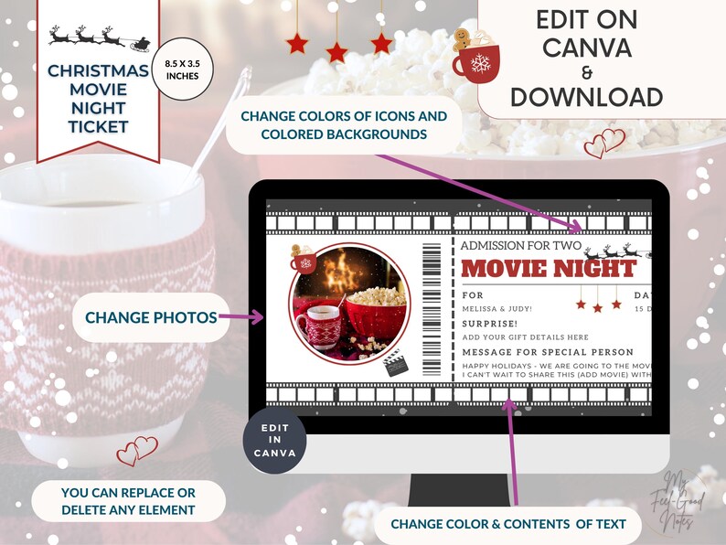 Movie Night Invitation Ticket, Christmas Holidays Gift, Canva Editable ...