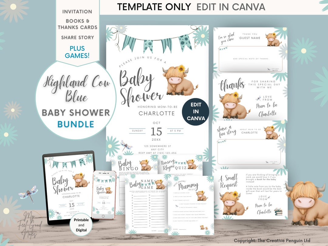 Highland Cow Baby Shower Bundle Blue With Games, Holy Cow Invitation ...