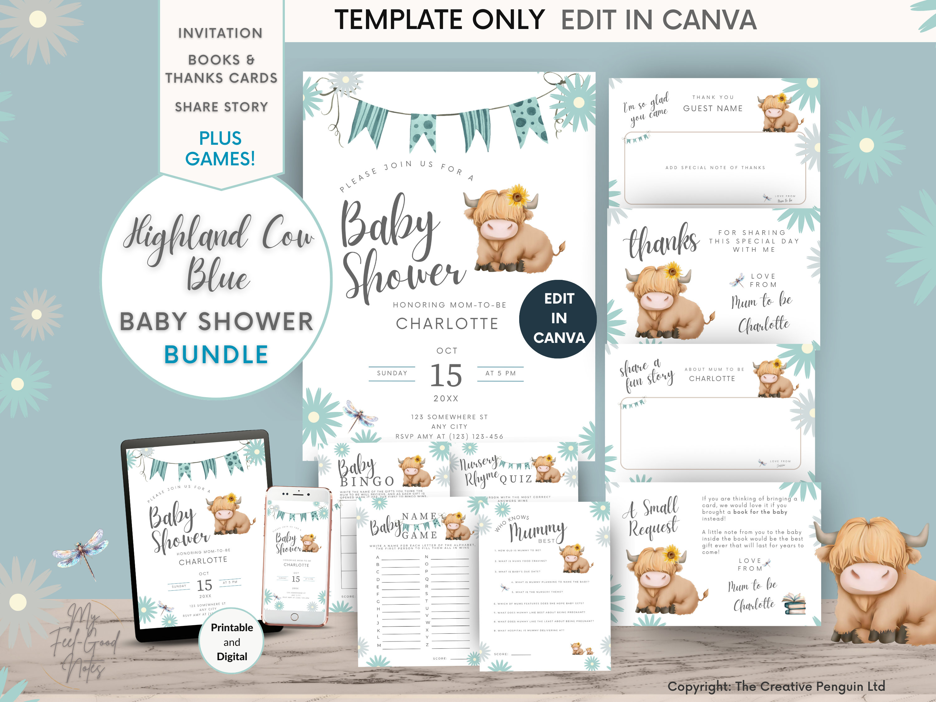 Highland Cow Baby Shower Bundle Blue With Games, Holy Cow Invitation ...