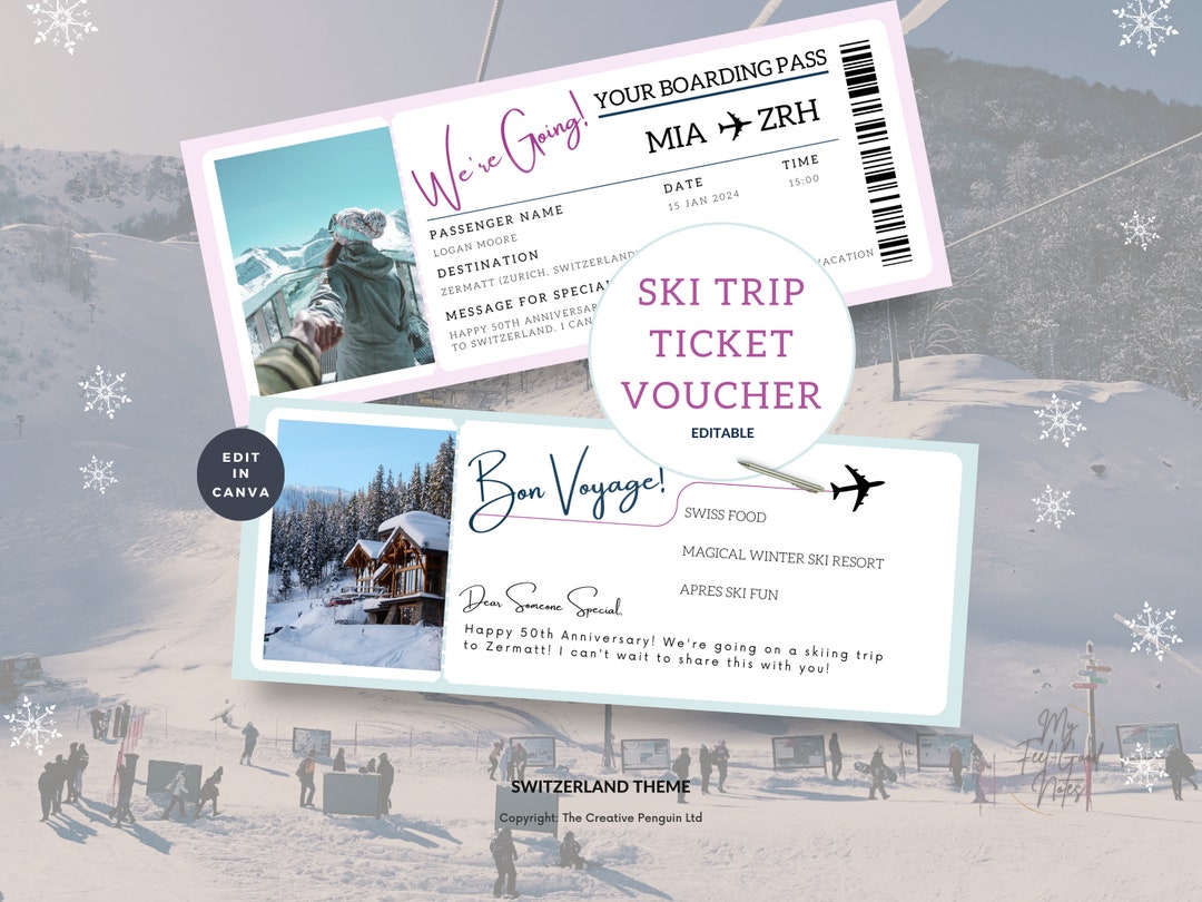 Ski Trip Ticket, Editable Canva Template, Holiday Vacation, Skiing Lift ...