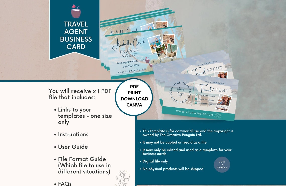 Travel Agency Business Cards Template, Travel Advisor Agent, Canva ...
